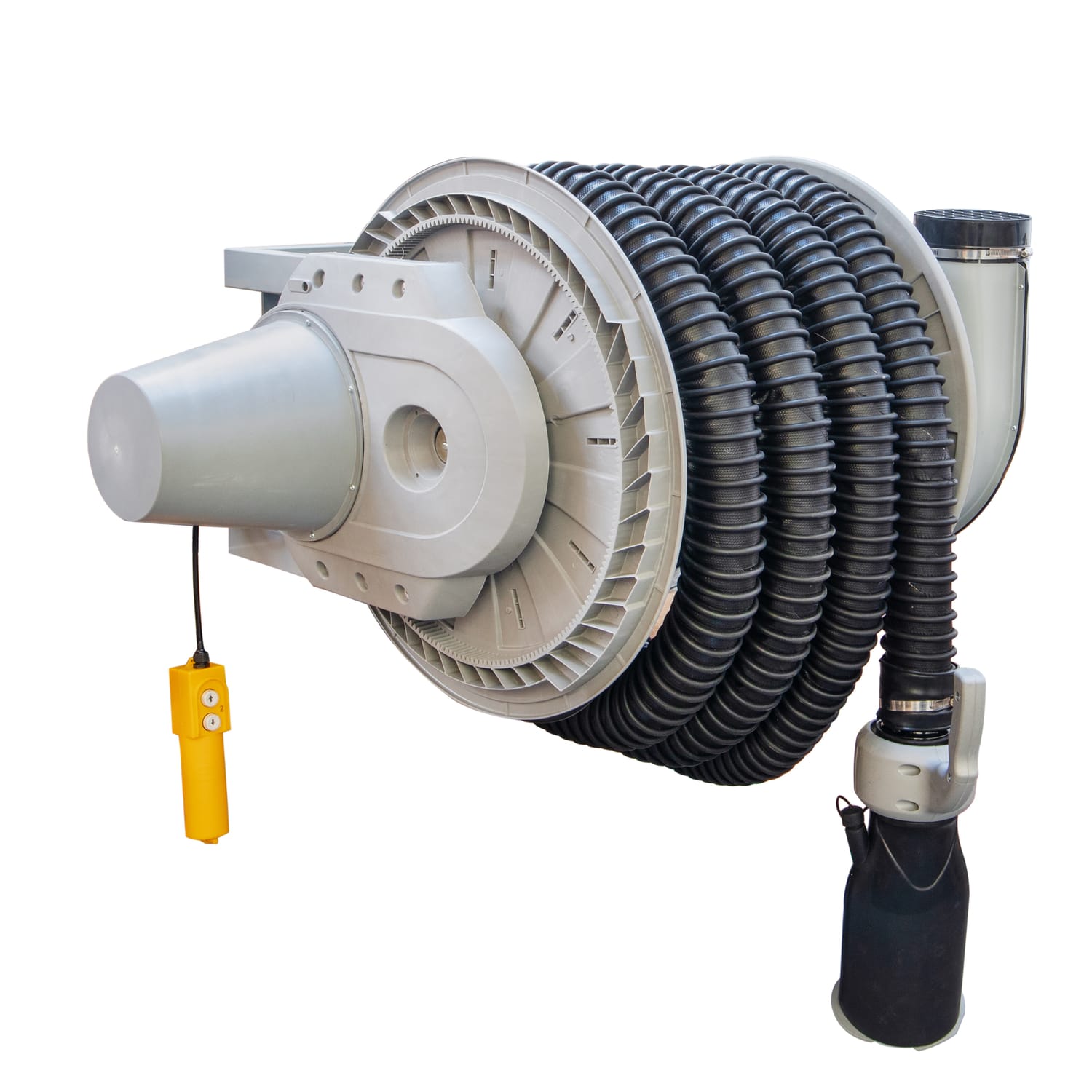 Motorized exhaust hose reel with air blower and remote control, 76mm x ...